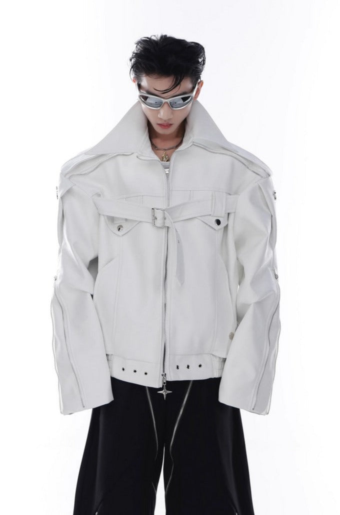 Zipper Leather Jacket with Logo