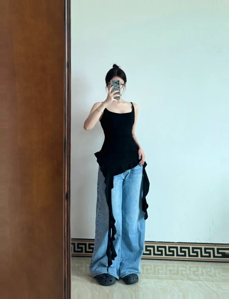 Black Asymmetric Ribbon Strap Tank Top with Ruffle Edge Design