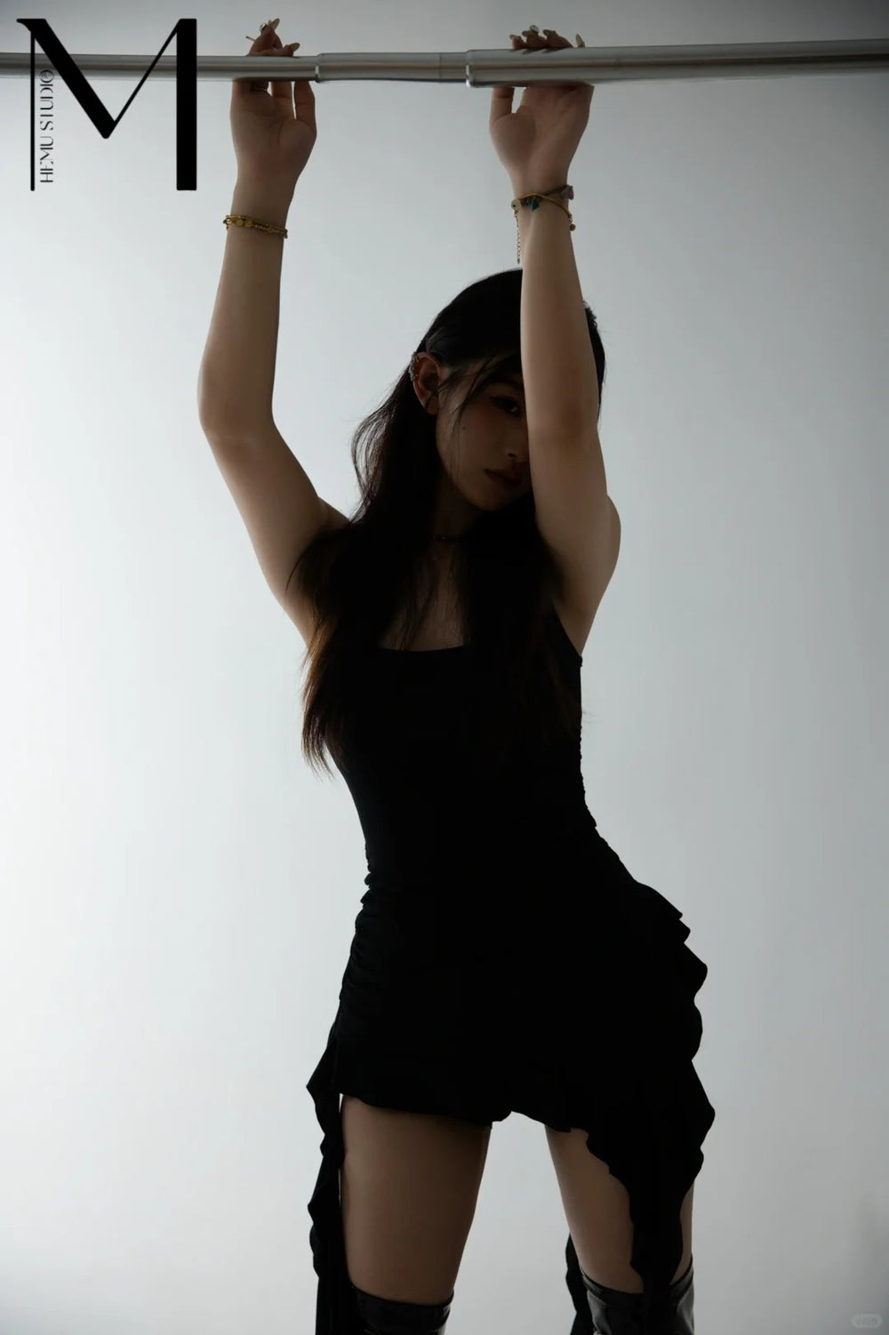 Black Asymmetric Ribbon Strap Tank Top with Ruffle Edge Design