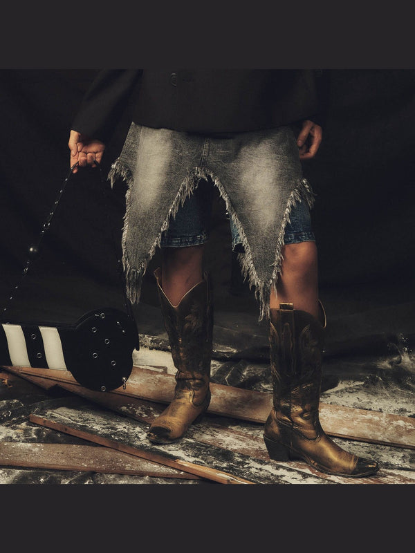 Double Denim Chaps with Distressed Fringe Detail