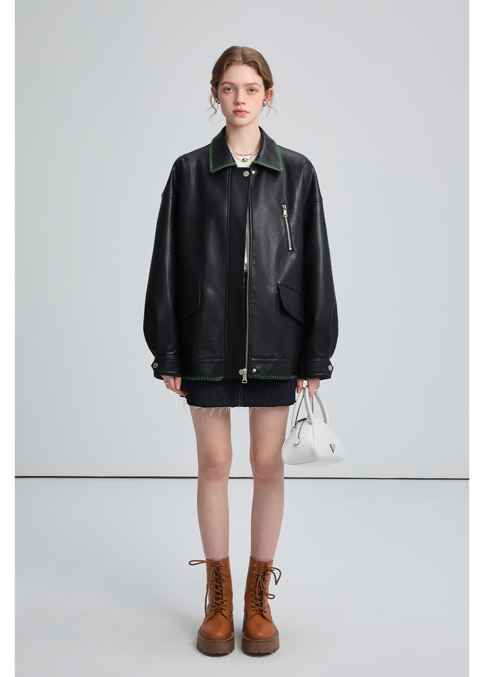 Autumn Black Leather Jacket , Loose Slimming Biker Style PU Jacket