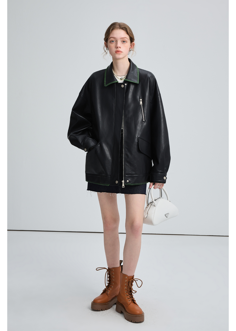 Autumn Black Leather Jacket , Loose Slimming Biker Style PU Jacket