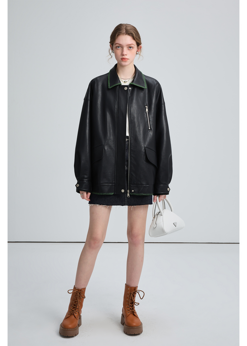 Autumn Black Leather Jacket , Loose Slimming Biker Style PU Jacket