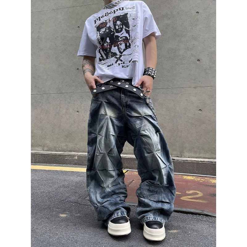 Wrinkle Design 3D Geometric Washed Jeans