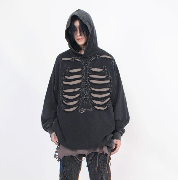 Distressed Skeleton Cutout Hoodie by MZ STUDIO | Chiclara