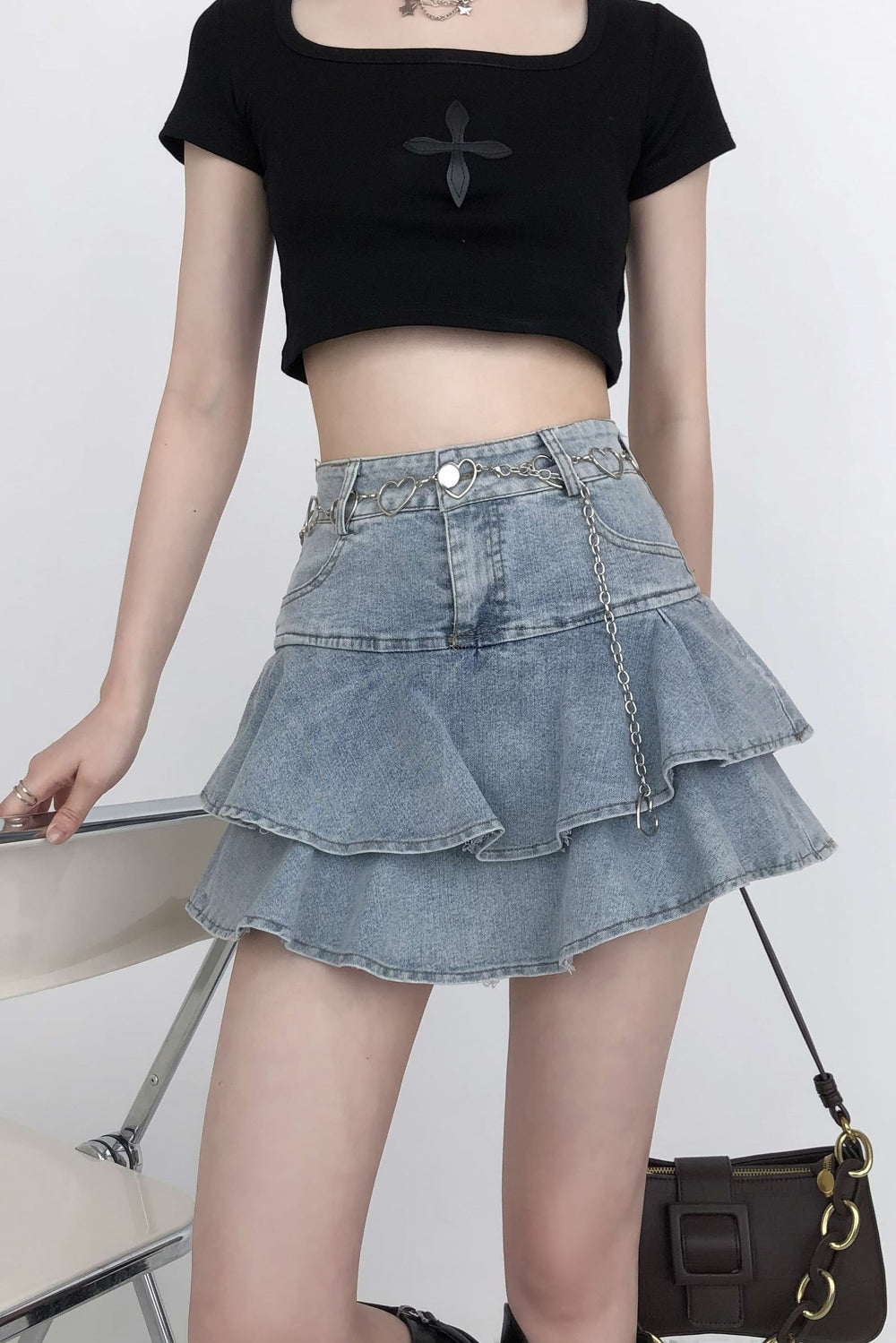 Layered Denim Ruffle Mini Skirt