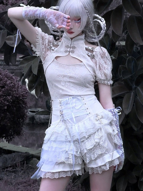 Gothic Lolita Shorts with White Layered Lace Ruffles