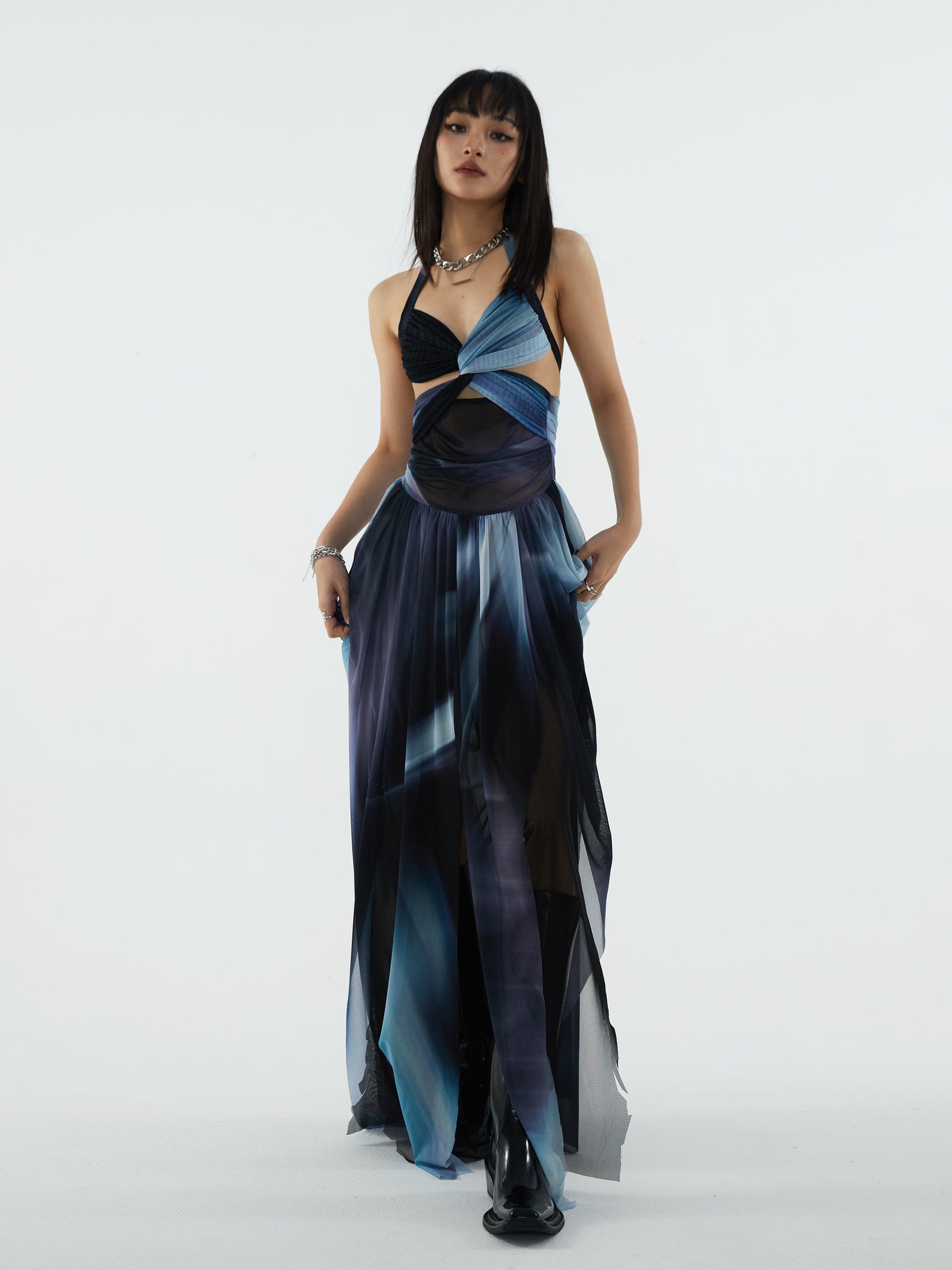 Cross Halter Gradation Print Dress