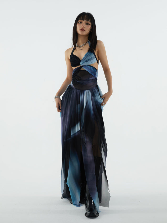 Cross Halter Gradation Print Dress