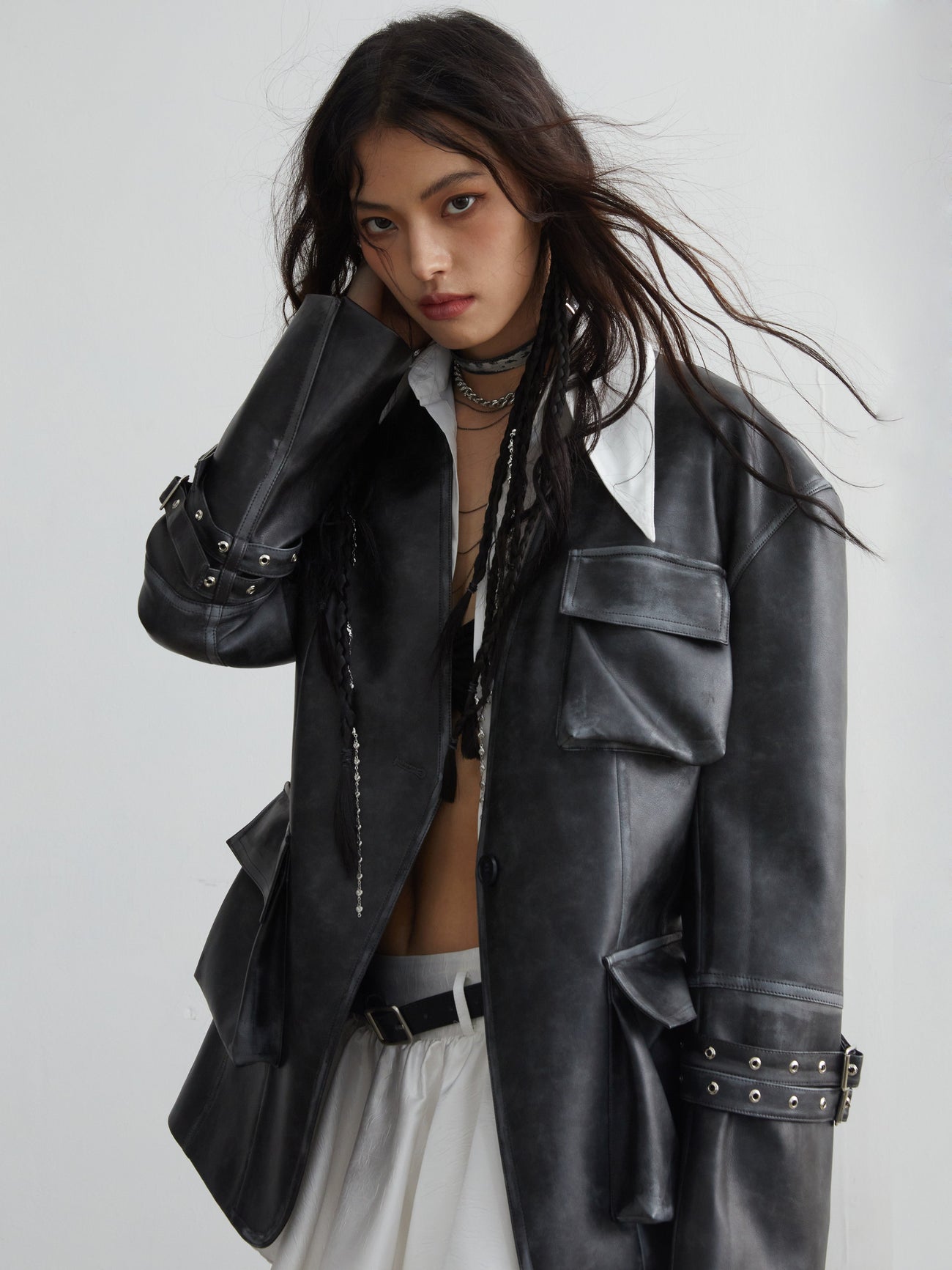 Vintage Pu Leather 3D Pocket No-Collar Jacket